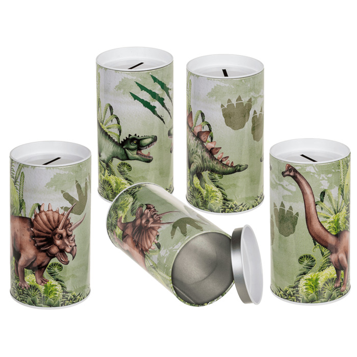 Tin Metal Money Bank, Dinosaur, 15,5 x 8 cm, removable lid, 4 designs ...